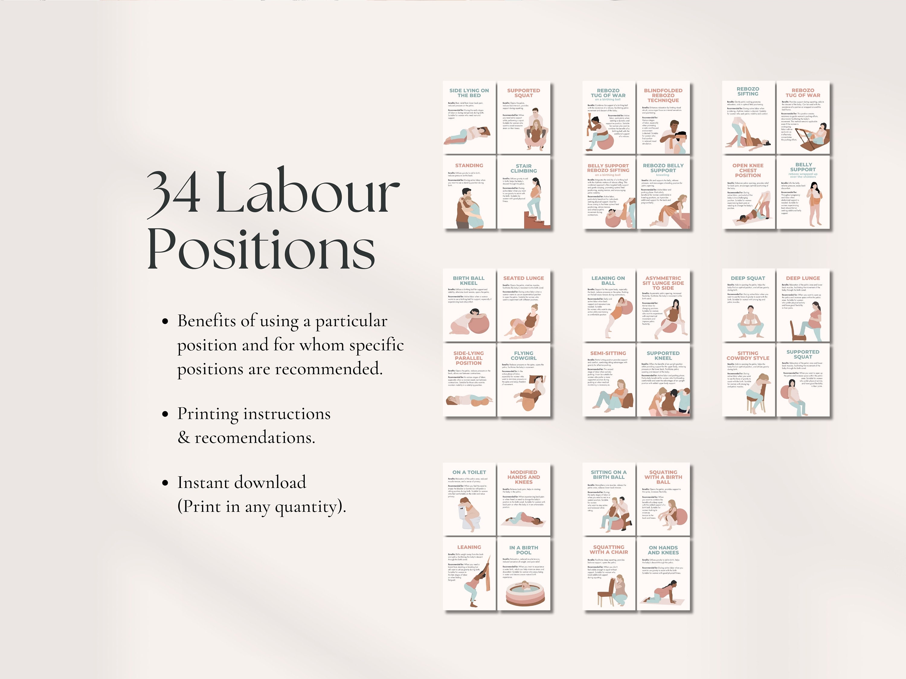 Labour/labor Positions Printable Flashcards, Childbirth Education Tool ...