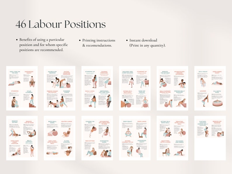 Labour Positions Flashcards, for Doulas, Midwives, Pregnant Ladies, Hypnobirthing Classes Prints ...