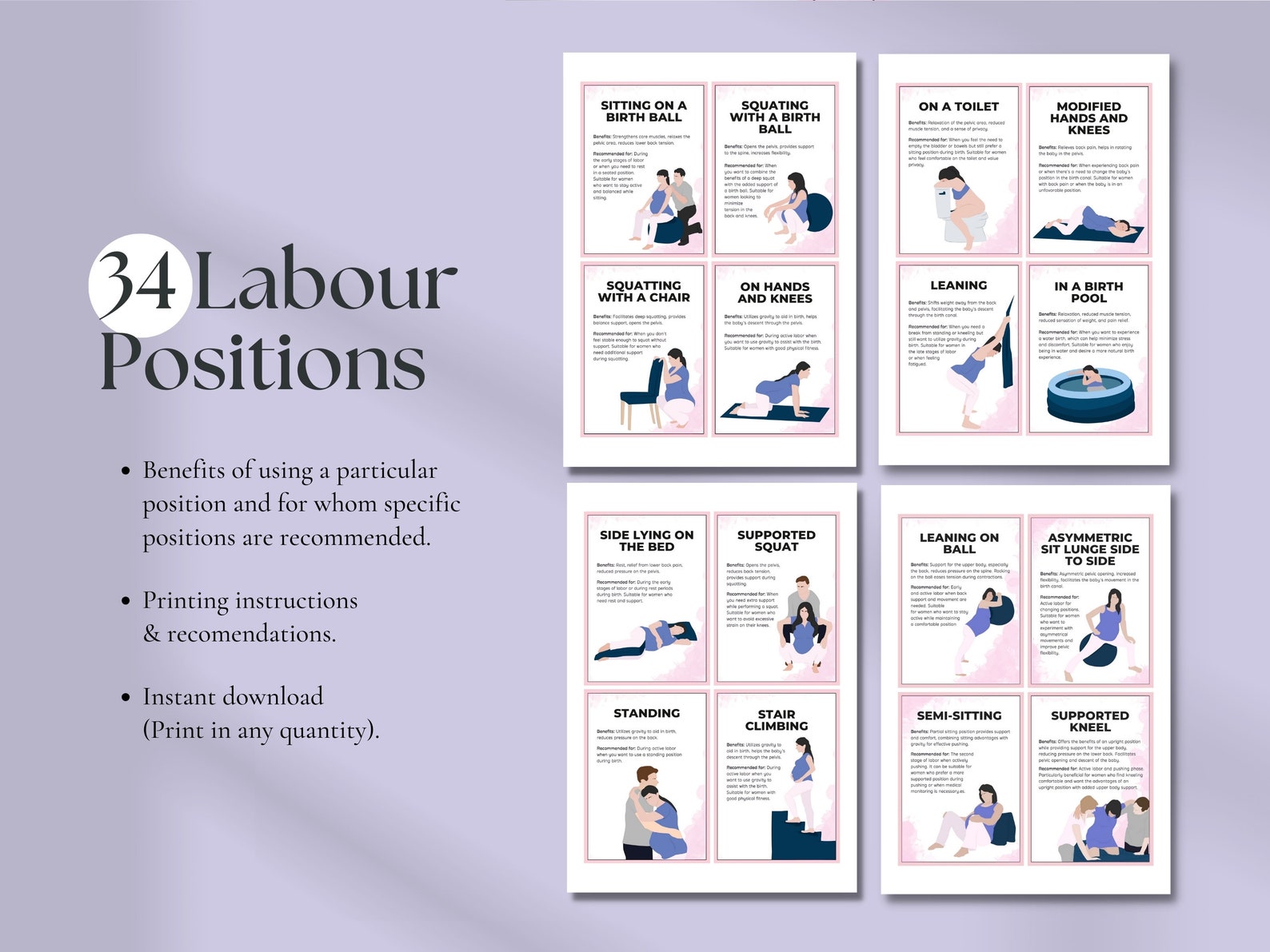 Labour/labor Positions Printable Flashcards, Childbirth Education Tool ...