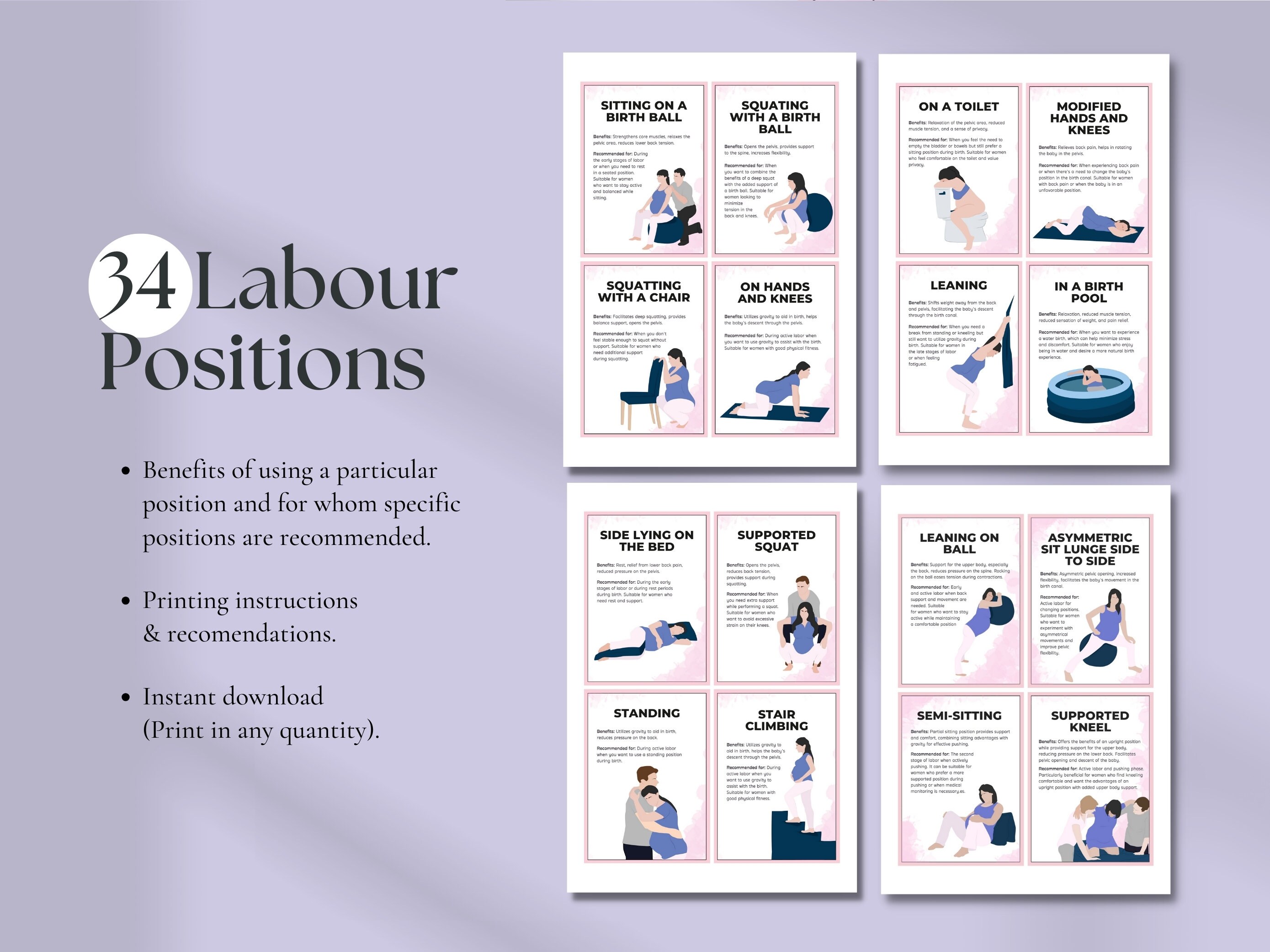 Printable Labour Positions Flash Cards Natural Childbirth Education ...