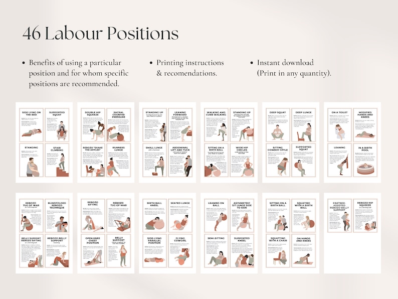 46 Labour Positions Printable Flashcards, Childbirth Education Tool, Natural Birth, Rebozo Birth ...