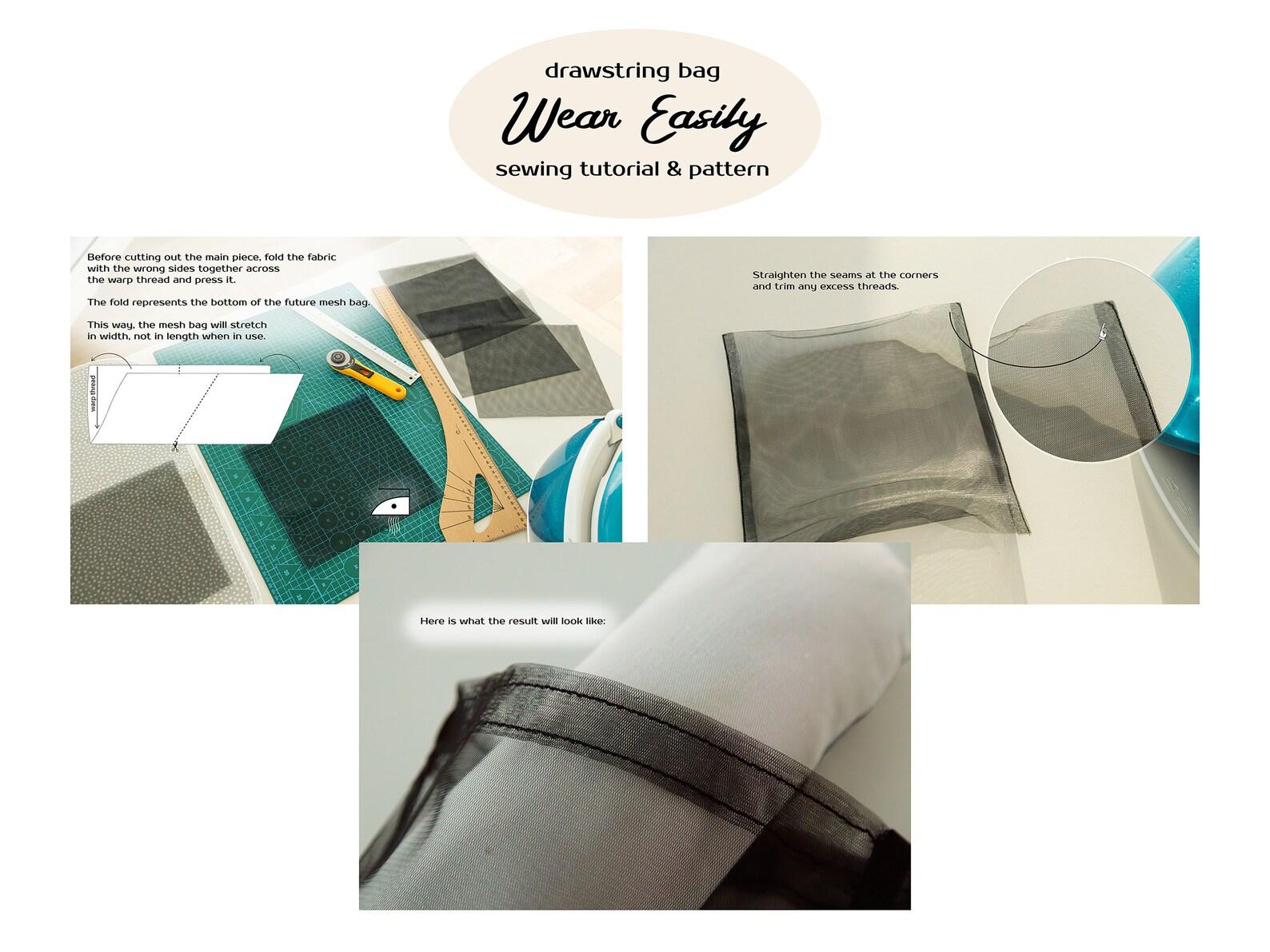Drawstring Mesh Bag PDF Sewing Tutorial, Sewing Tricks for Tulle ...