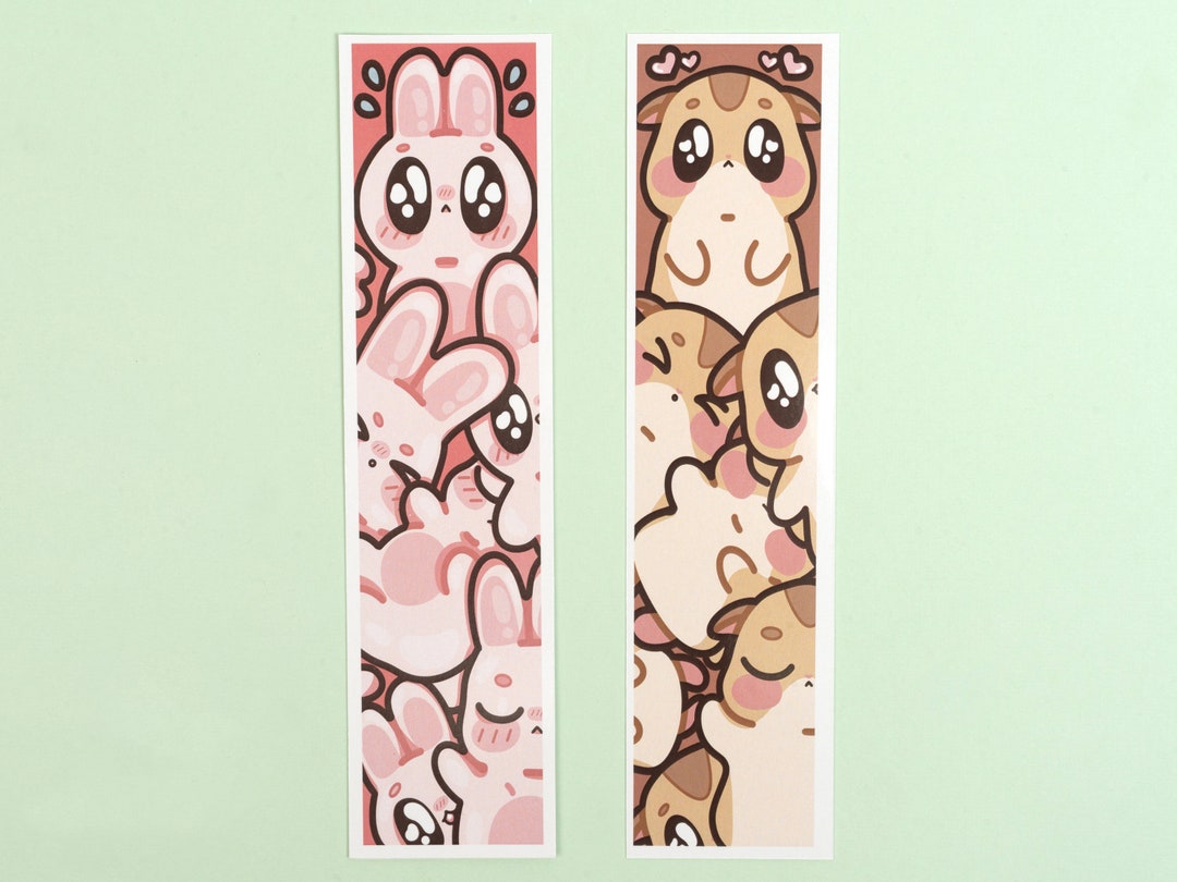 Cute Chibi Bunny & Hamster Bookmark | Cartoon Art Double-sided Glossy ...