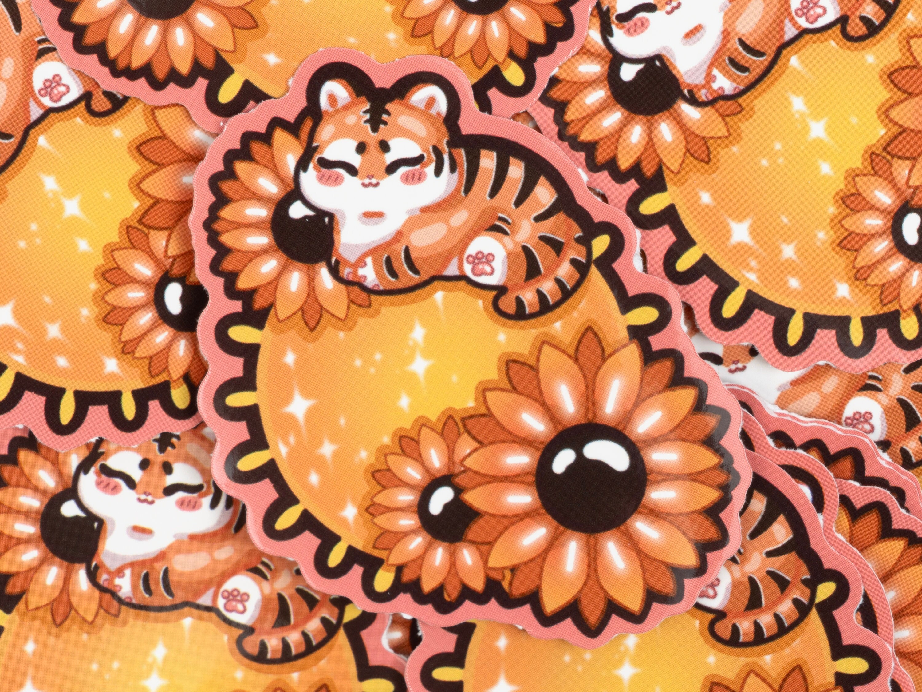 Chibi Sun Sunflower Tiger Vinyl Sticker | Cartoon Art One-sided Glossy ...