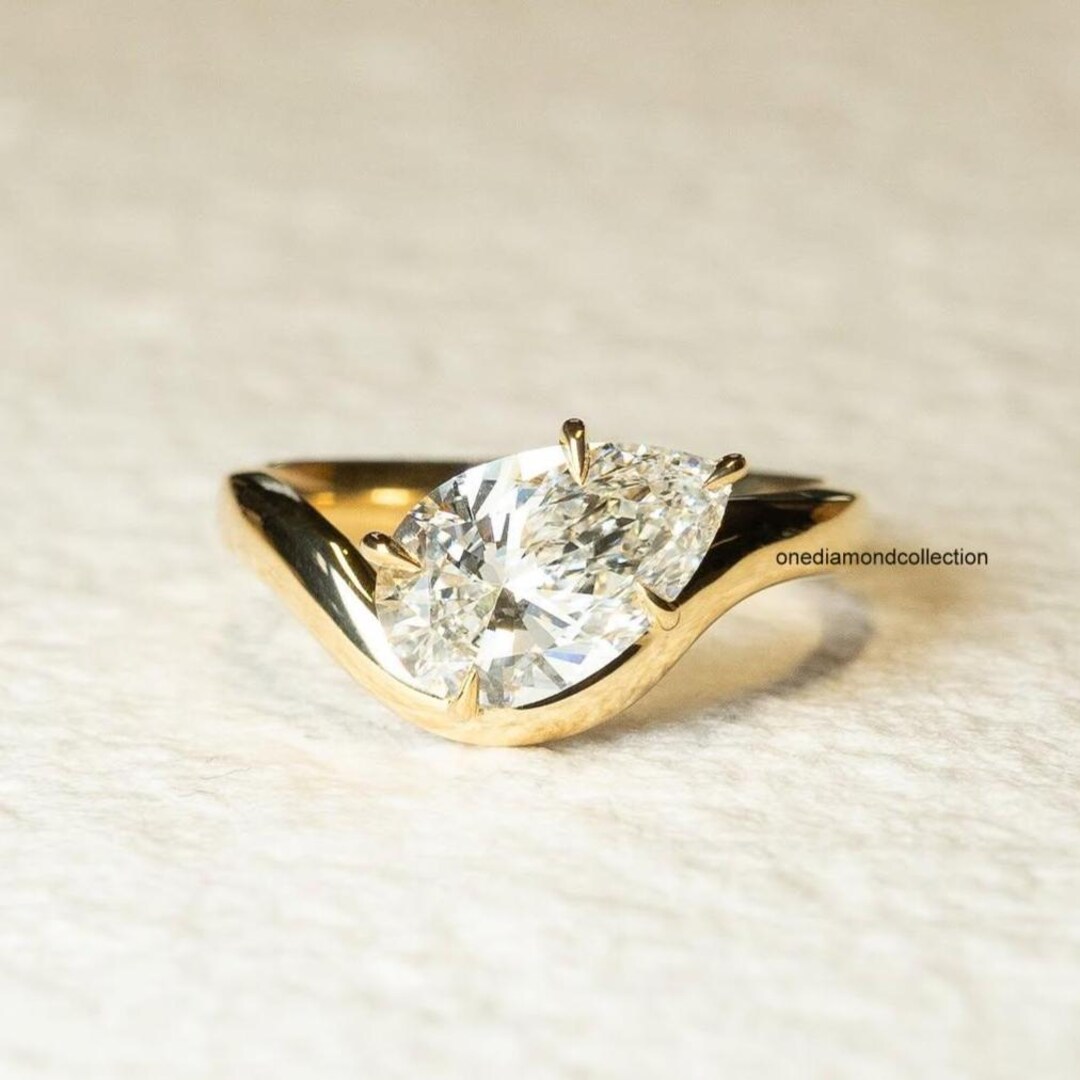 Est to West 3 CT Pear Cut Moissanite Diamond Ring | Offset Diamond Ring ...