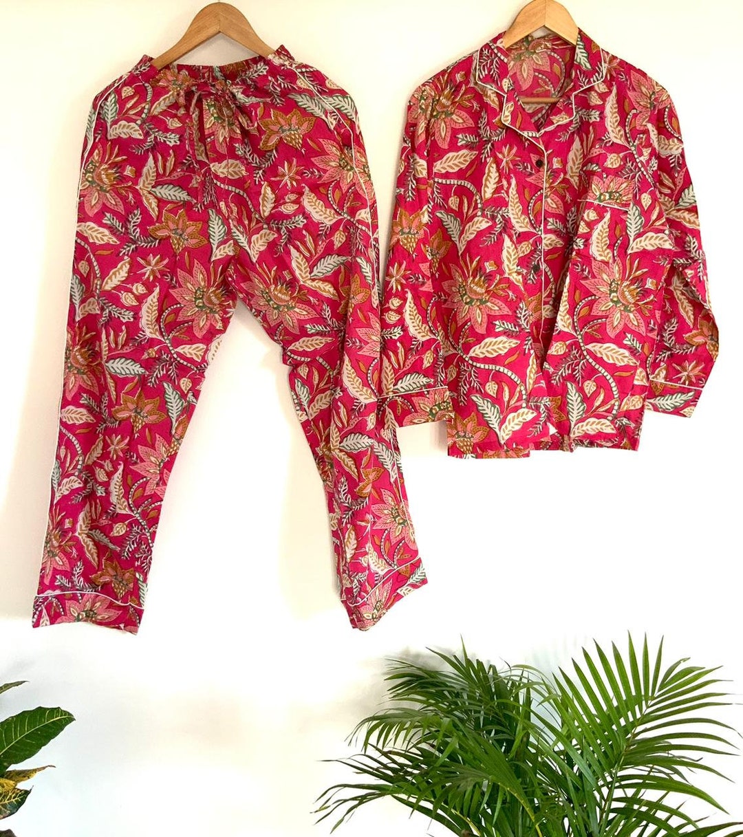 Dark Pink Floral Unisex 100%pure Cotton Pyjamas Set,block Printed ...