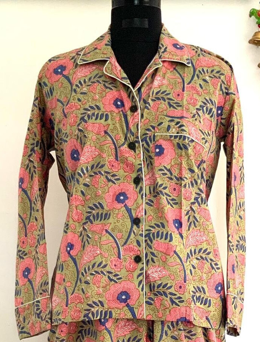 Olive Green Floral Unisex 100%pure Cotton Pyjamas Set,block Printed ...