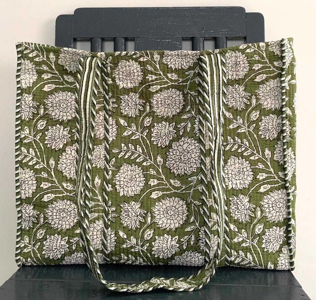 Handmade Cotton Olive-green Block Print Reversible Shopping Bag,tote ...