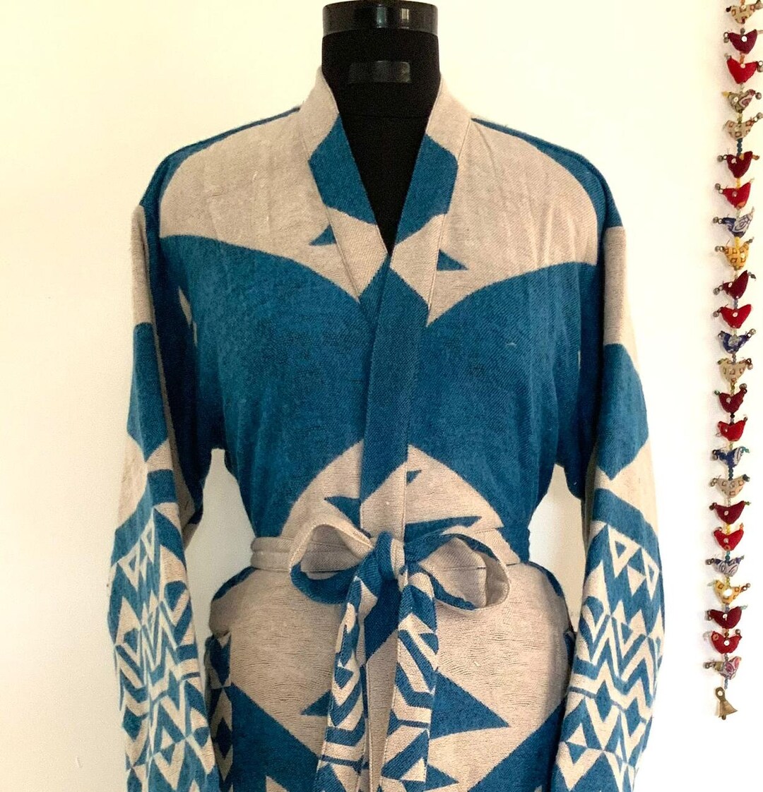 Teal Blue & Beige Yak Wool Blend Unisex Handmade Kimono/robe,winter ...