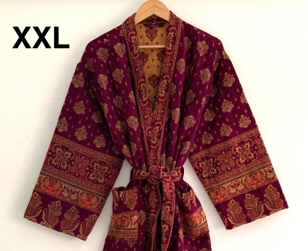 XXL Plum Purple Yak Wool Blend Kimono Robe: Handmade Winter Loungewear ...
