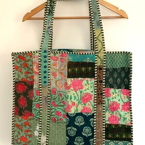 New Zipper Style Green Patchwork Tote Handmade Cotton Block Print ...