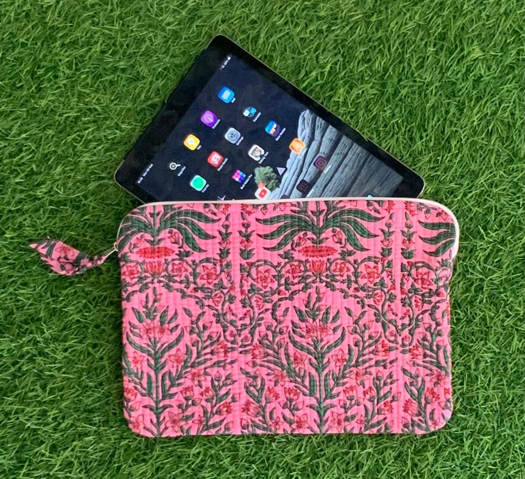 Beautiful Pink Floral 100% Cotton Block Print Quilted Handmade Laptop ...