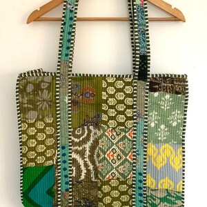 New Zipper Style Green Patchwork Tote Handmade Cotton Block Print ...