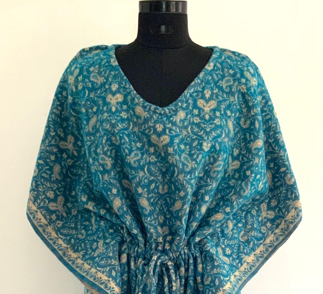Cerulean Blue Floral Kaftan Kimono: Handmade Yak Wool Blend Maxi Dress ...