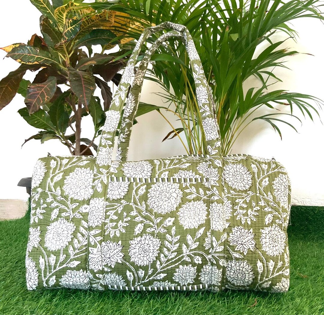 Olive Green Handmade Cotton Block Print Duffle Bag,shopping Bag,travel ...