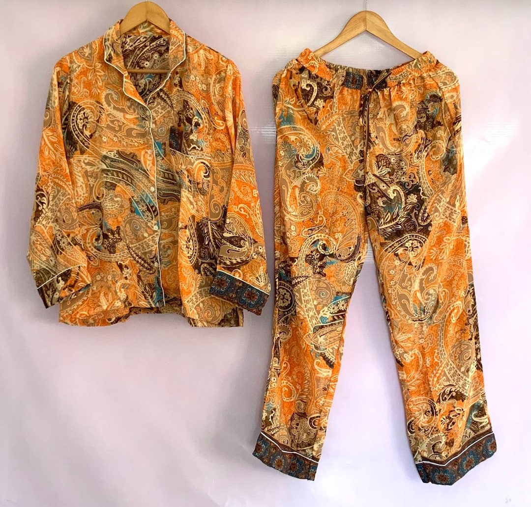 Gorgeous Light Orange Silk Blend Pyjamas Set,full Length Pyjamas ...