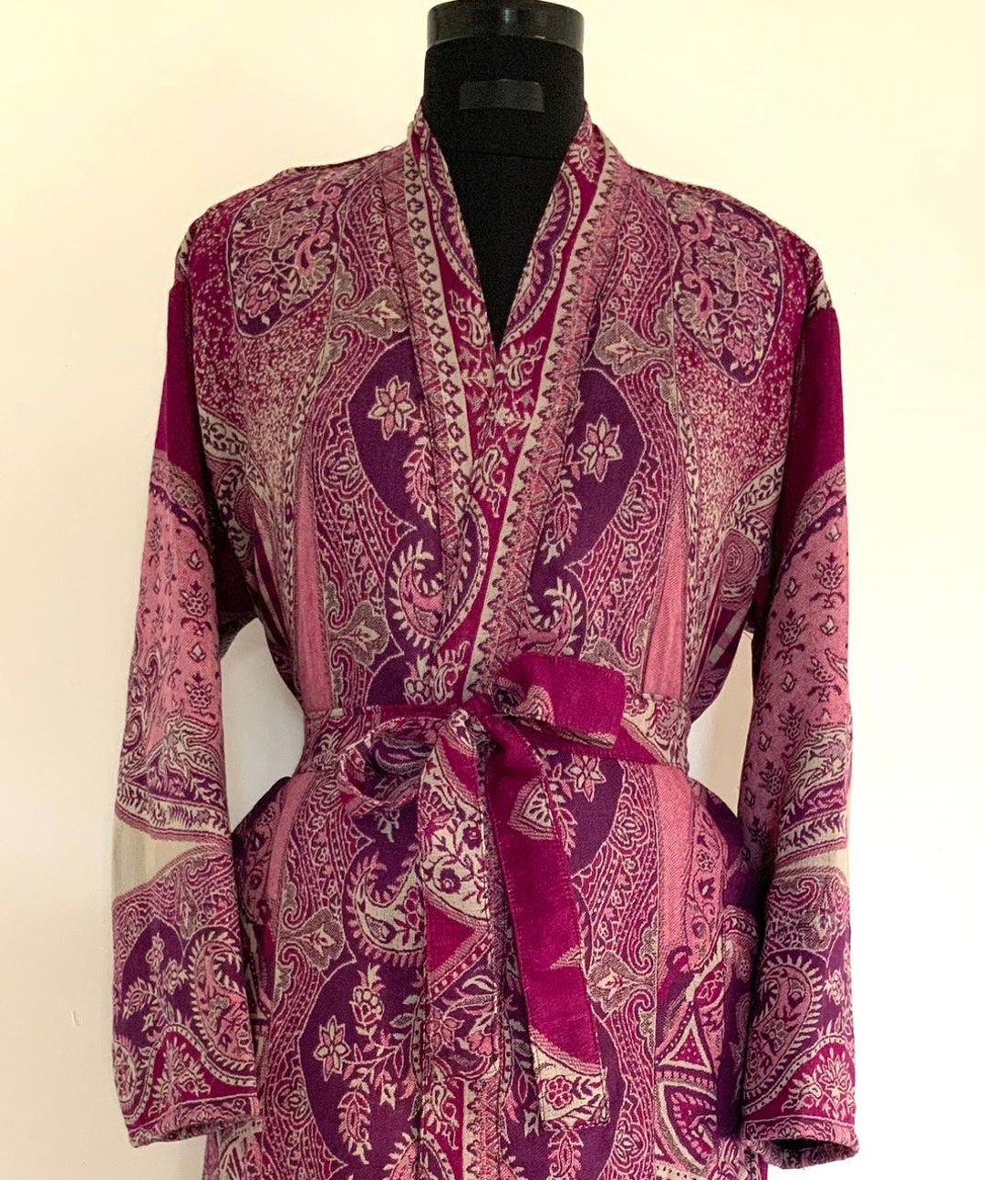 Purple Floral Pure Merino Boiled Wool Unisex Kimono,handmaderobe,winter ...