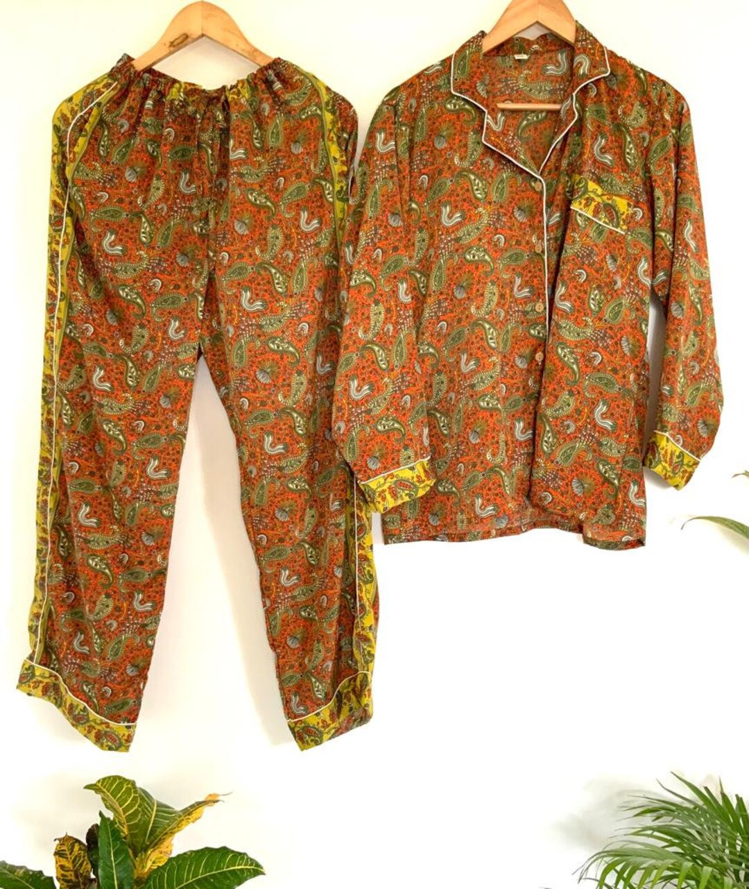 Orange Paisely Silk Blend Pyjamas Set,full Lenght Pyjamas,nightwear ...