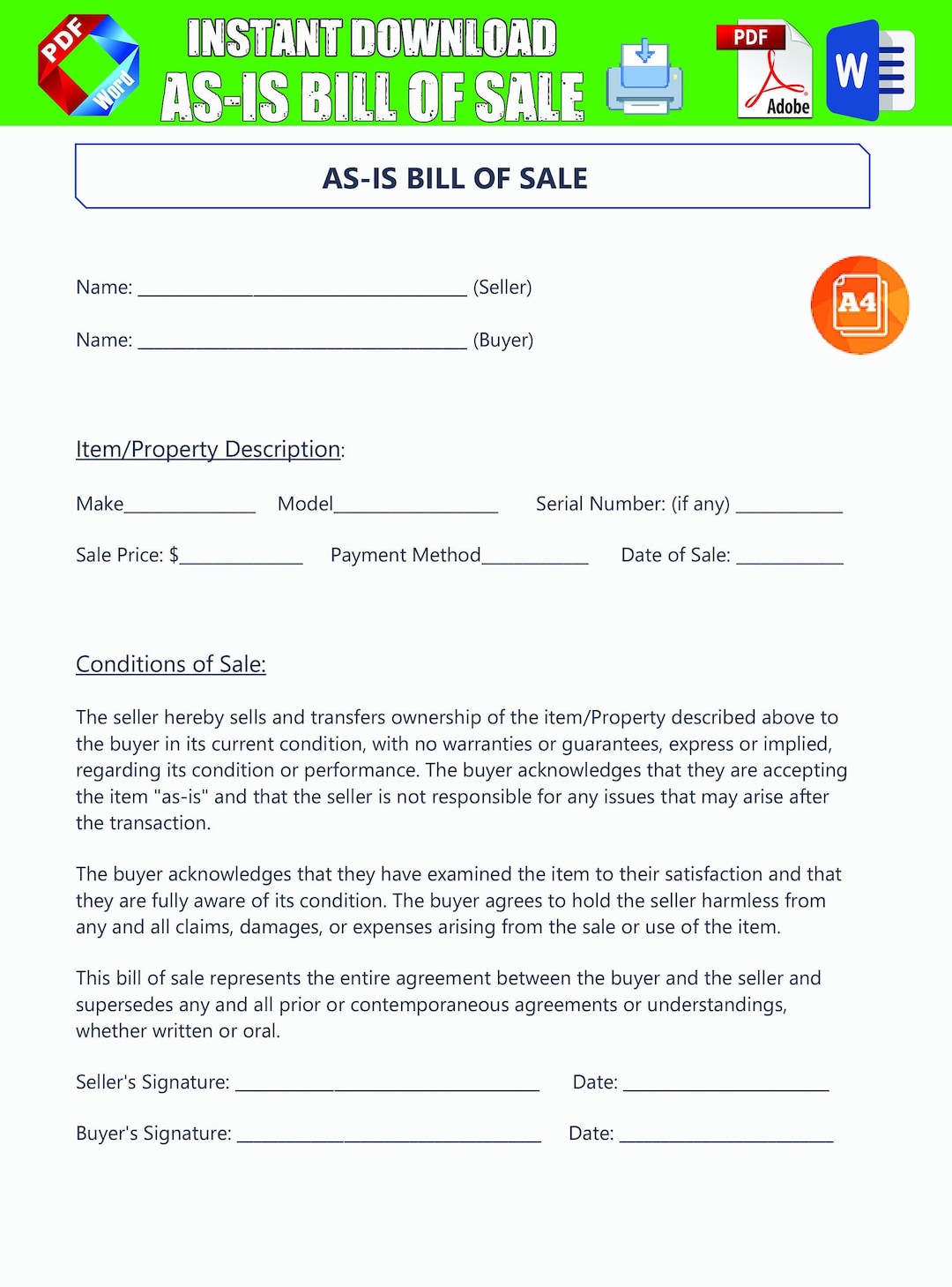As is Bill of Sale - As-is Bill of Sale Form / Template - Etsy