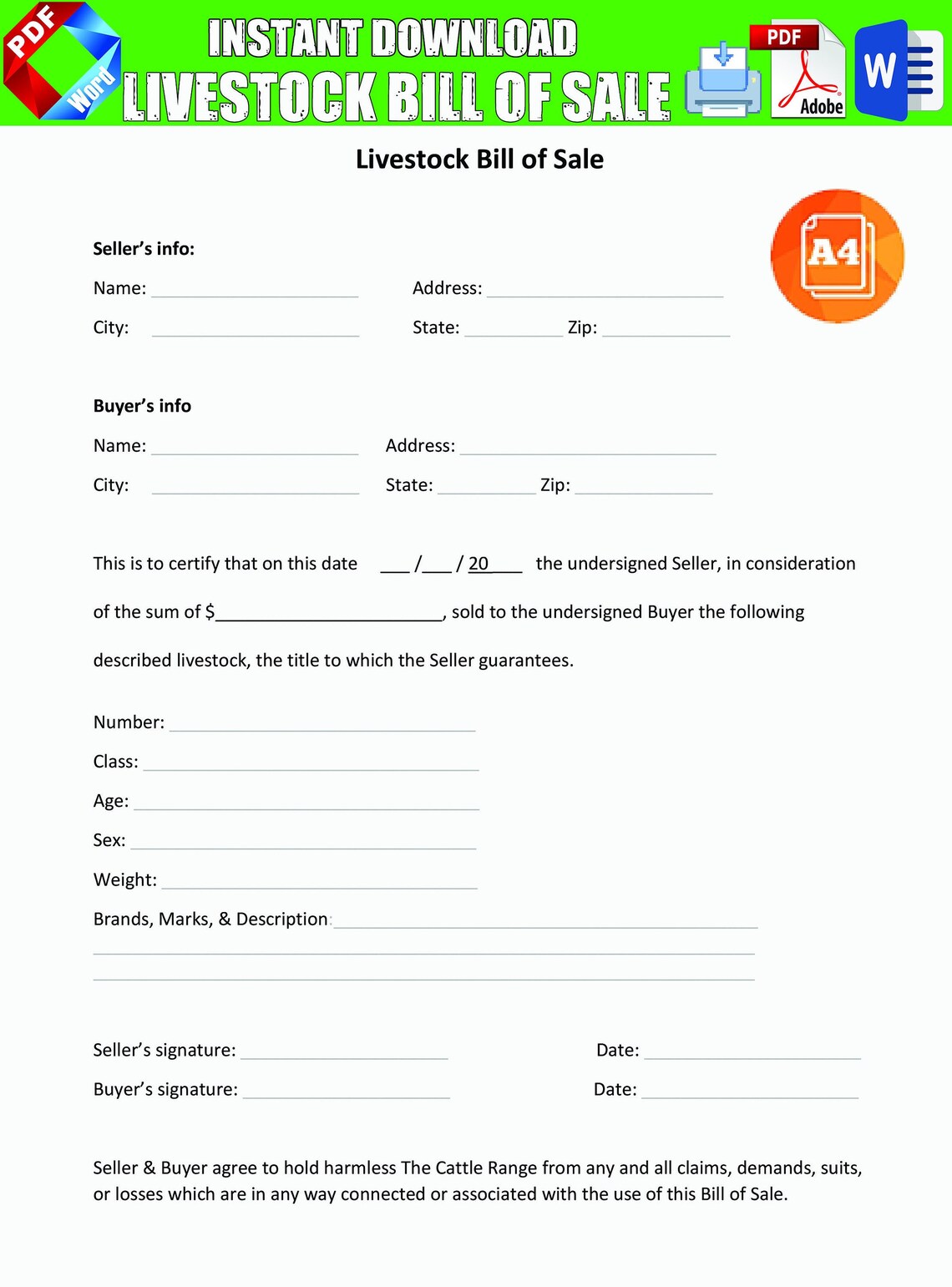 Livestock Bill of Sale - Livestock Bill of Sale Form / Template - Etsy