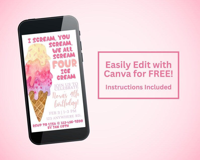 I Scream FOUR Ice Cream Birthday Digital Invitation - Etsy