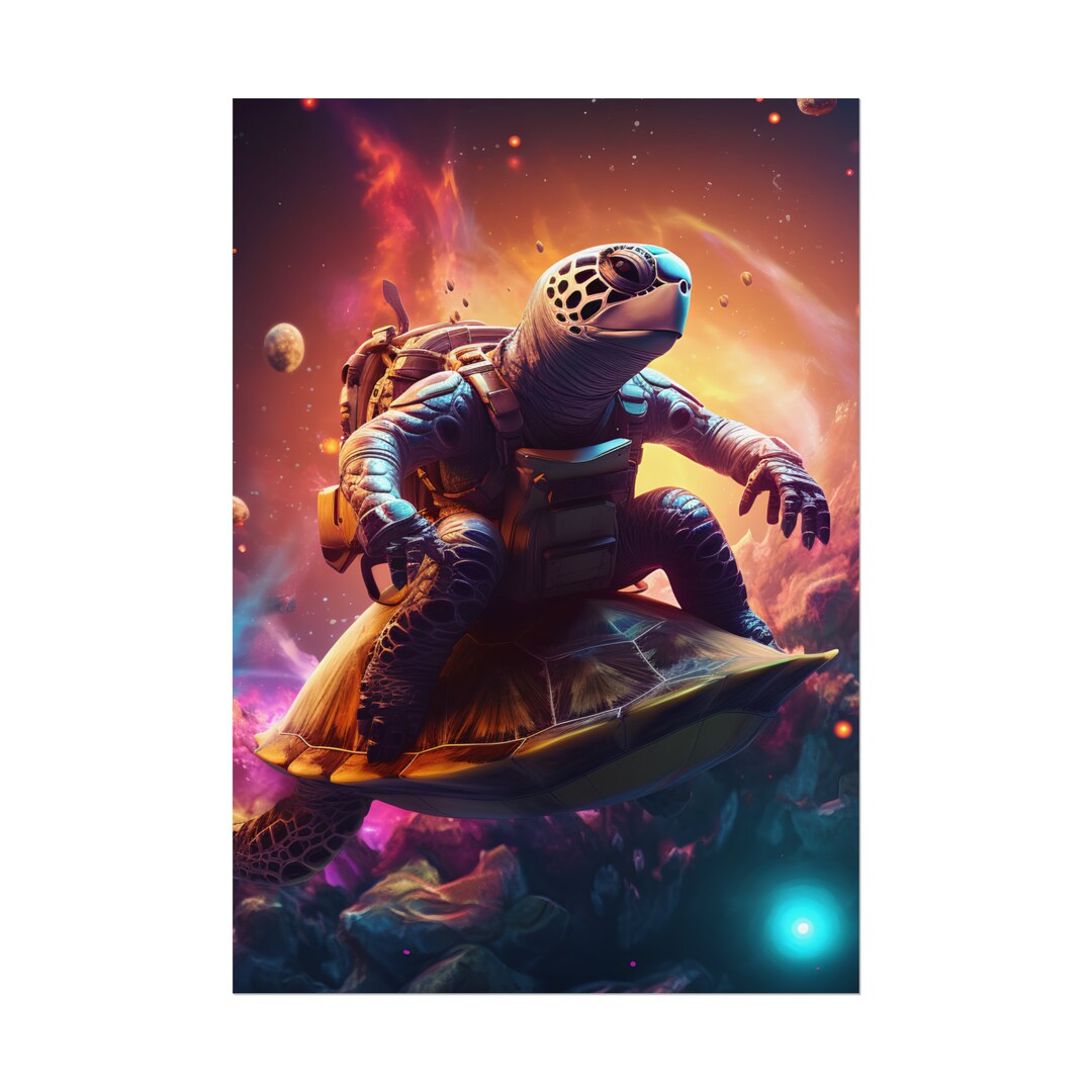 An Astronaut Turtle Surfing on Sea Over a Rainbow Planets in - Etsy
