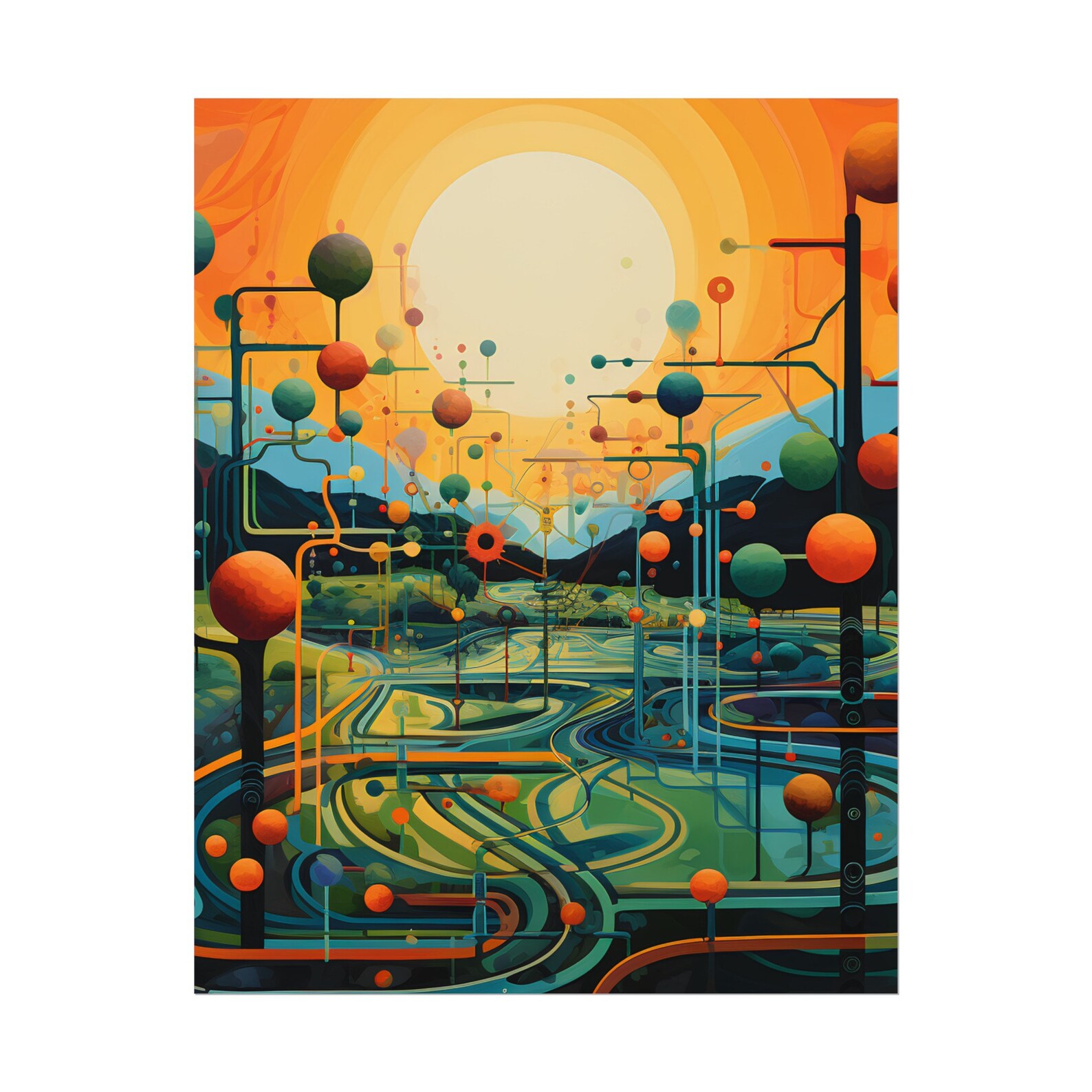 Futuristic Verdant Vista:modernist Painting of a Green Valley, Sunset ...