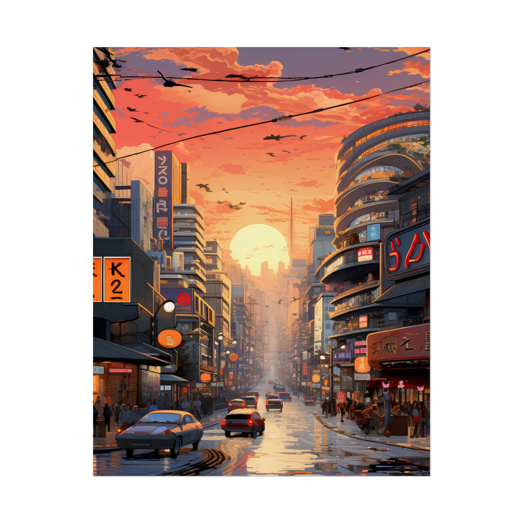 Digital Art of a Japan City by Sunset Time, Inspired in Ukiyo-e, by ...