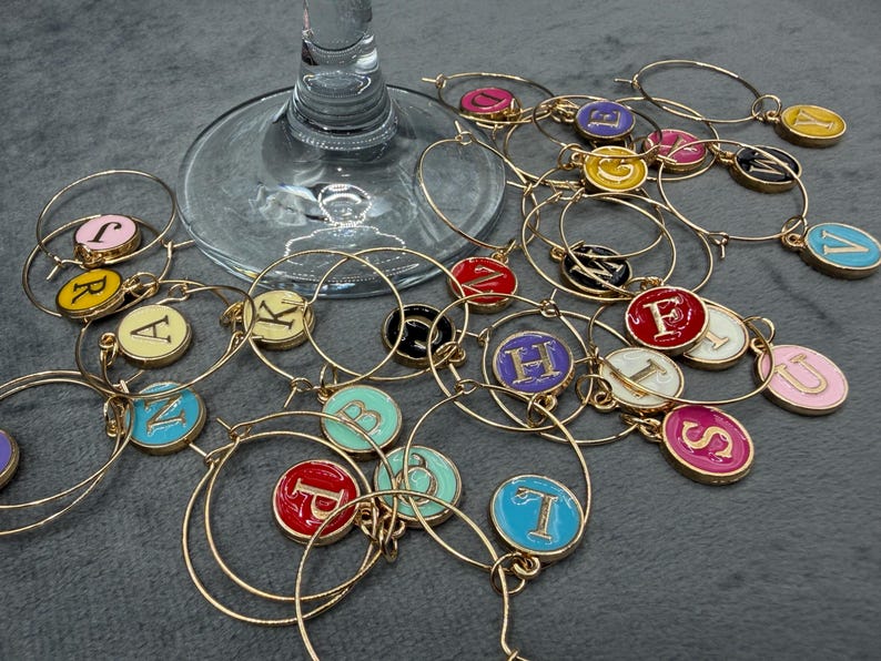 Initial Wine Glass Charms: 26 Alphabet Letters With Gold Plated Ring ...
