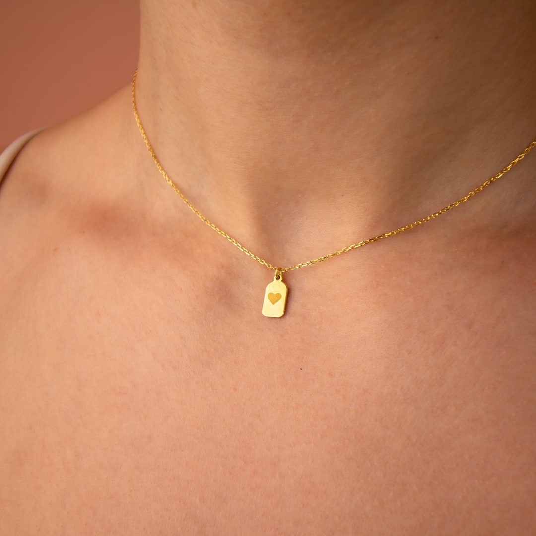 14K Solid Gold Heart Tag Necklace, Vertical Bar Engraved Heart Necklace ...