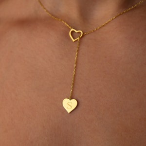 14k Gold Initial on Heart Lariat Necklace, Customized Heart Drop ...