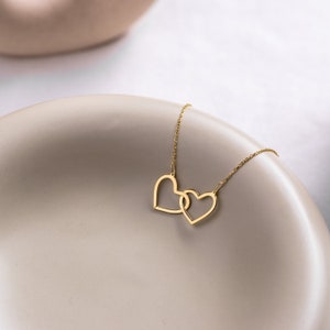 14K Gold Double Heart Necklace, Dainty Linked Gold Necklace, Two Heart ...