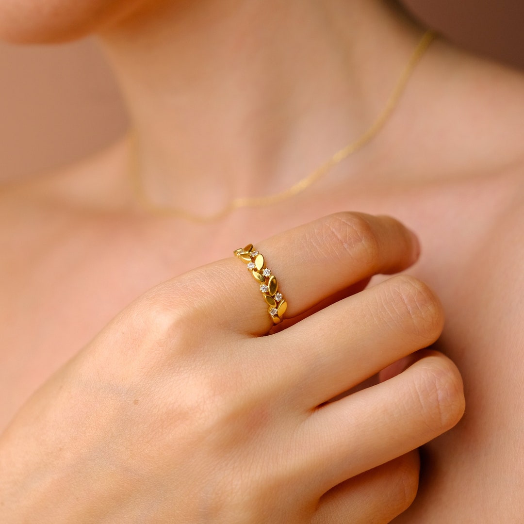 14k Gold Leaf Diamond Ring, Minimalist Stacking Ivy Ring, Elegant ...
