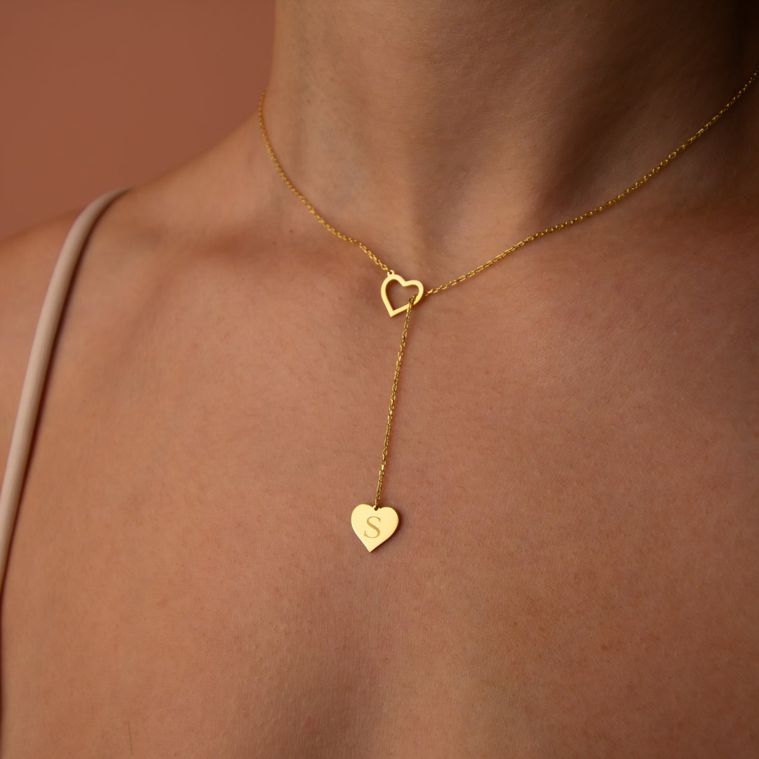 14k Gold Initial on Heart Lariat Necklace, Customized Heart Drop ...