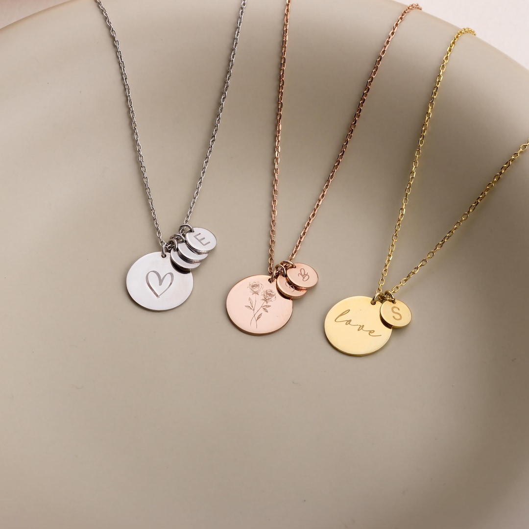 14K Gold Initial Necklace, Personalized Gold Disc Necklace for Women ...