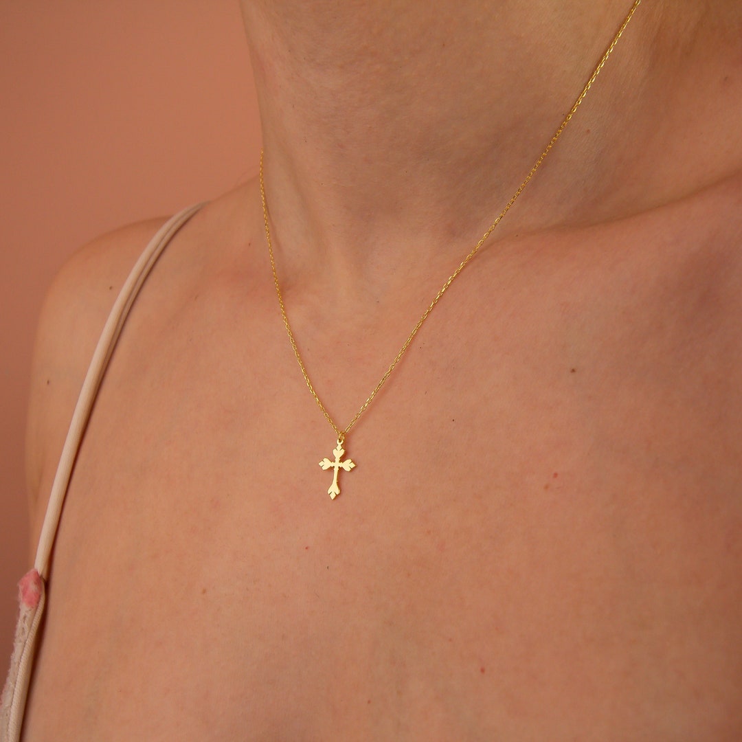 14k Solid Gold Cross Necklace, Baroque Cross Pendant, Religious ...