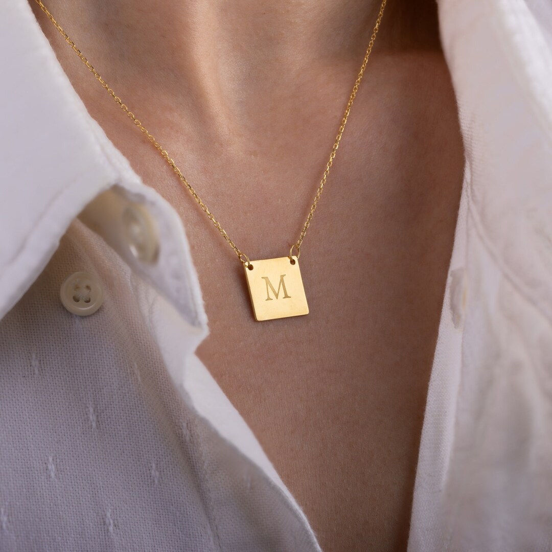 14k Solid Gold Personalized Initial Necklace, Custom Engraved Square ...