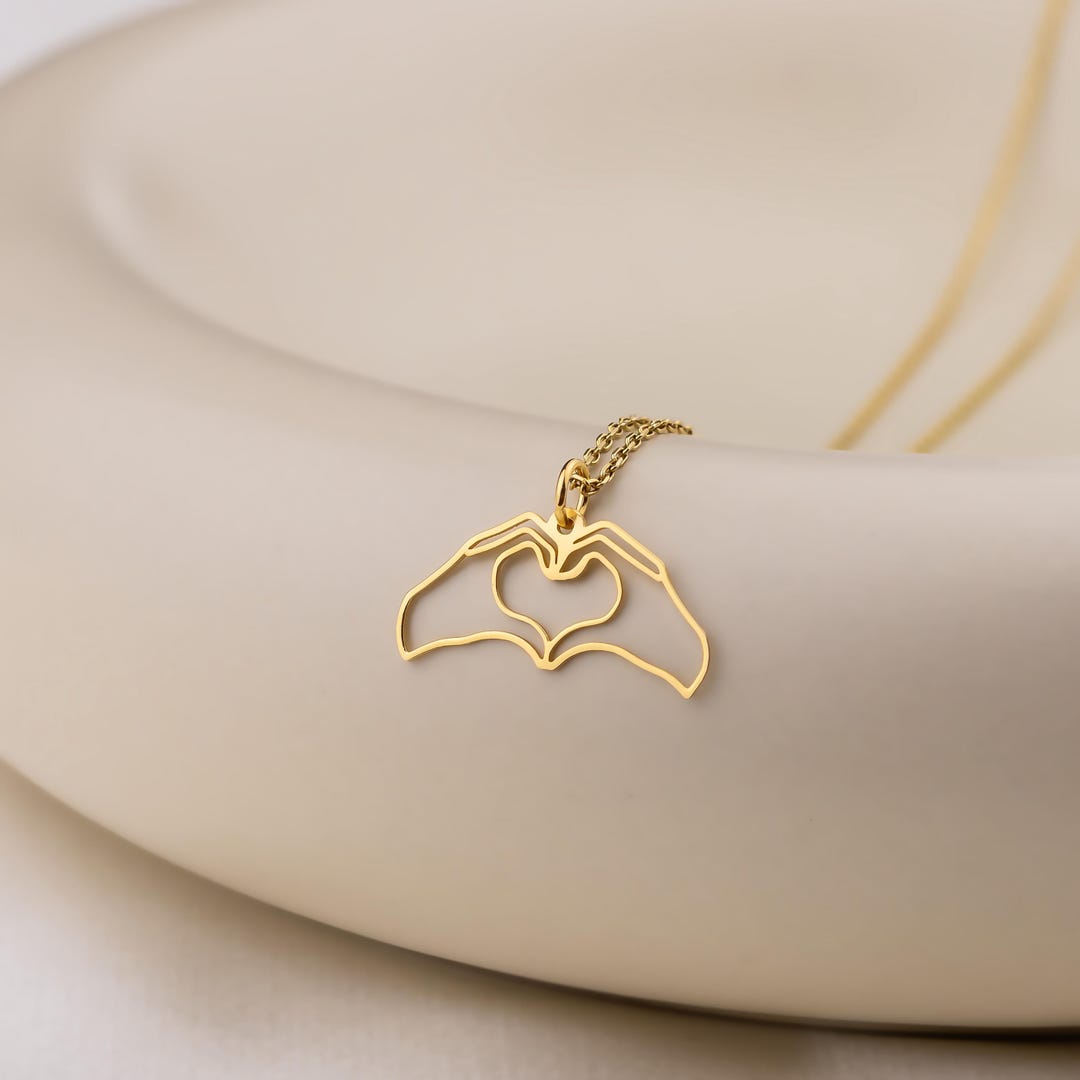 14K Gold Love Necklace, Heart Hands Pendant, I Love You Jewelry, Self ...