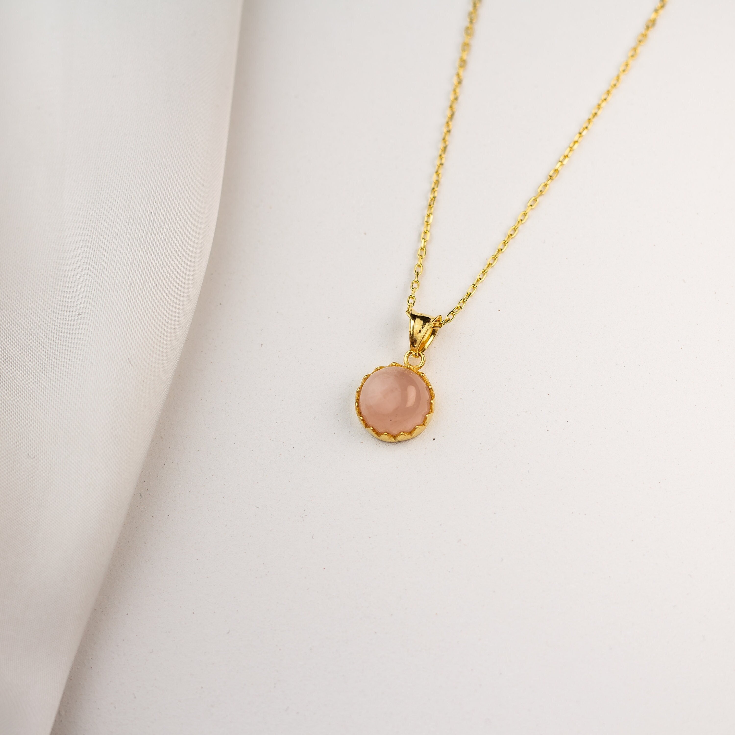 14k Gold Small Round Rose Quartz Necklace, Dainty Pink Crystal Pendant ...