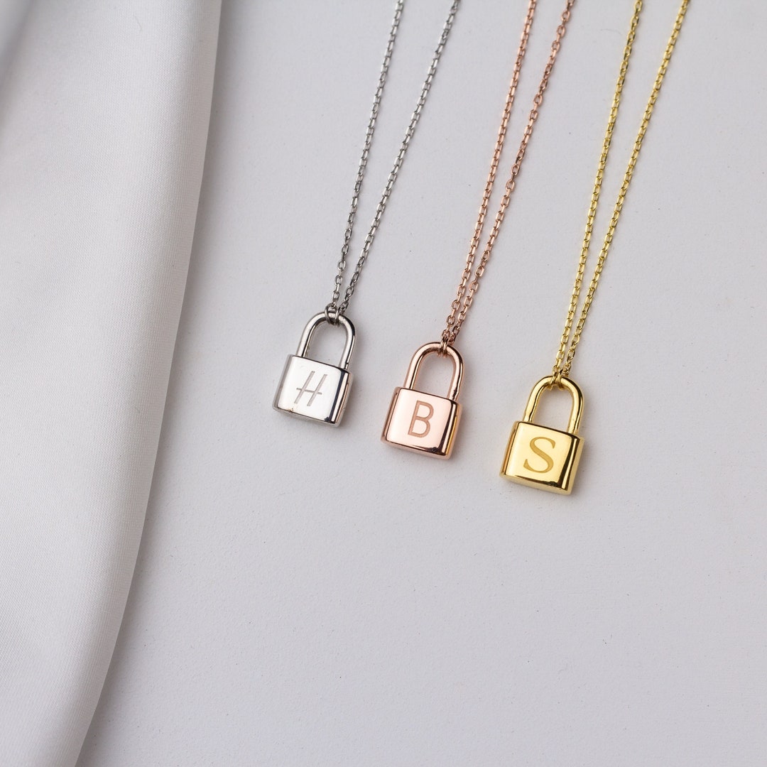 14K Gold Initial Padlock Necklace, Lock Pendant, Initial Lock Necklace ...