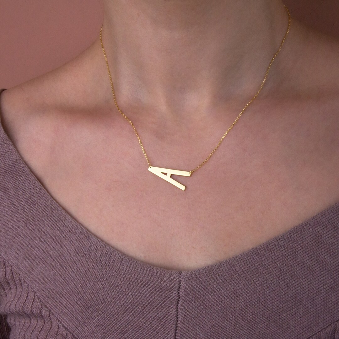 14K Gold Sideways Large Initial Necklace, Big Letter Necklace, Alexis ...