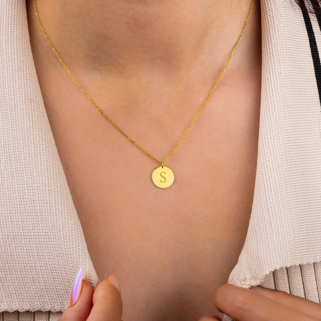 14K Solid Gold Initial Necklace, Personalized Disc Necklace, Custom ...