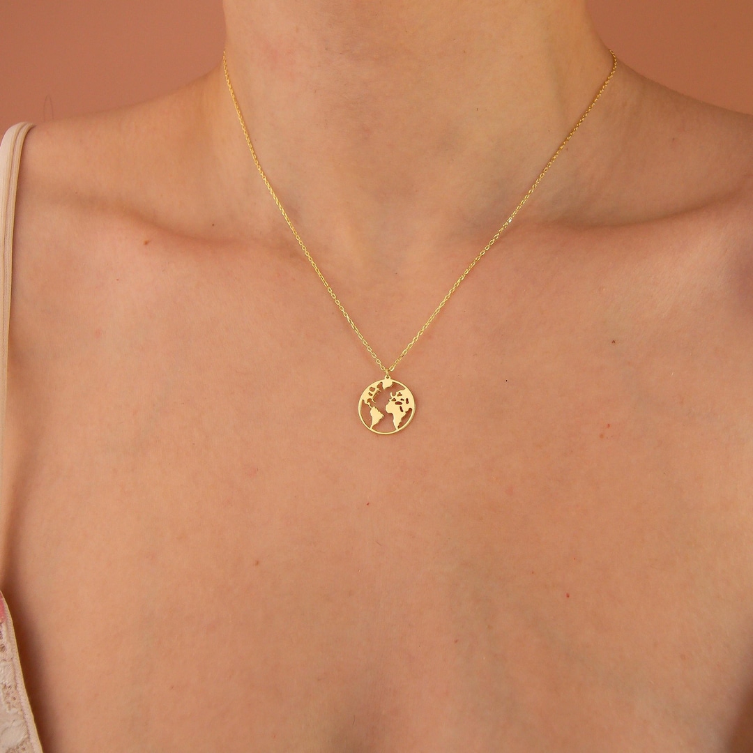 14K Gold Globe Necklace, Minimalist Earth Necklace, Dainty World ...