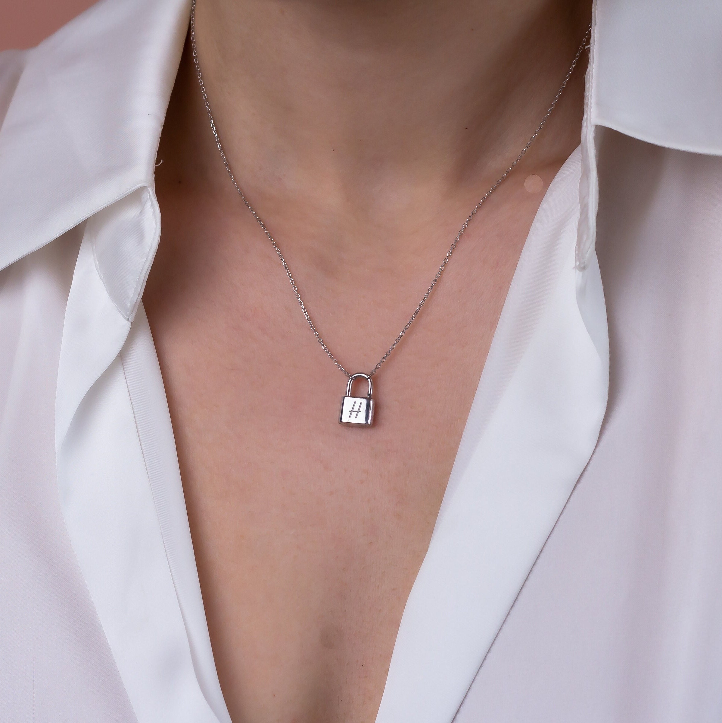 14K Gold Initial Padlock Necklace, Lock Pendant, Initial Lock Necklace ...
