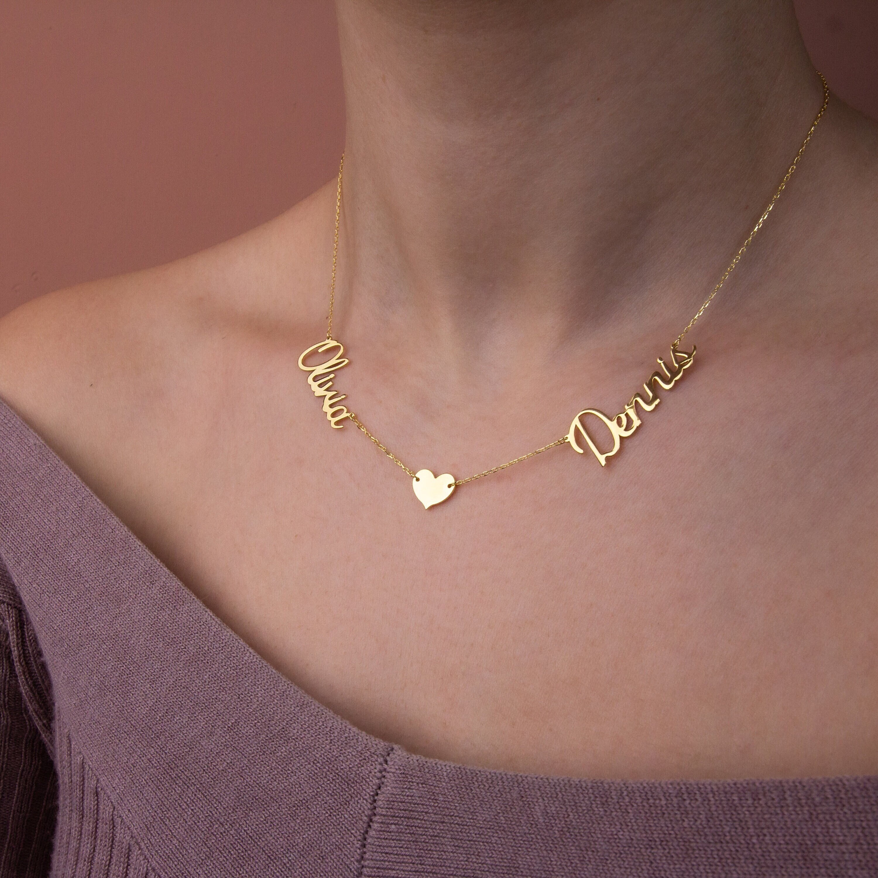 14k Gold Two Name Necklace Personalized Couple Necklace Etsy