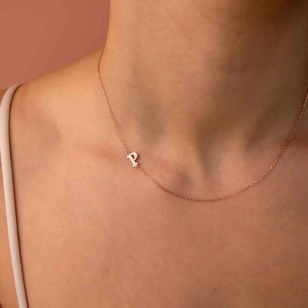 14K Gold Off-center Initial Necklace, Personalized Sideways Letter ...