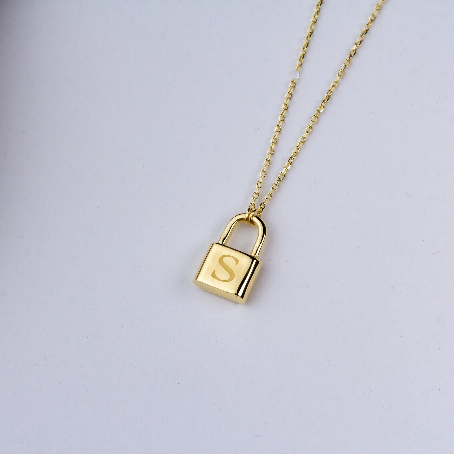 14K Gold Initial Padlock Necklace, Lock Pendant, Initial Lock Necklace ...