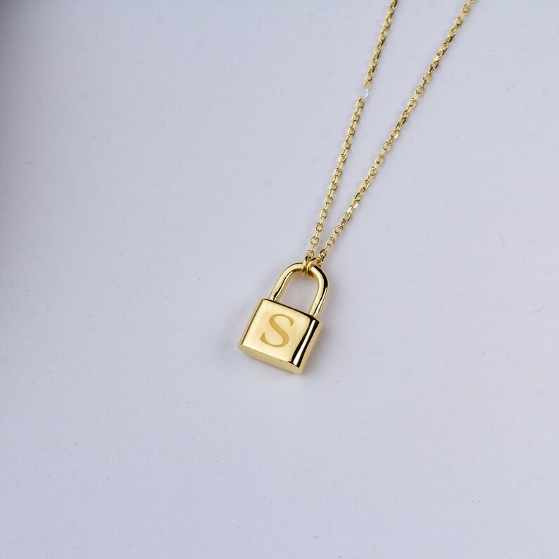 14K Gold Initial Padlock Necklace, Lock Pendant, Initial Lock Necklace ...