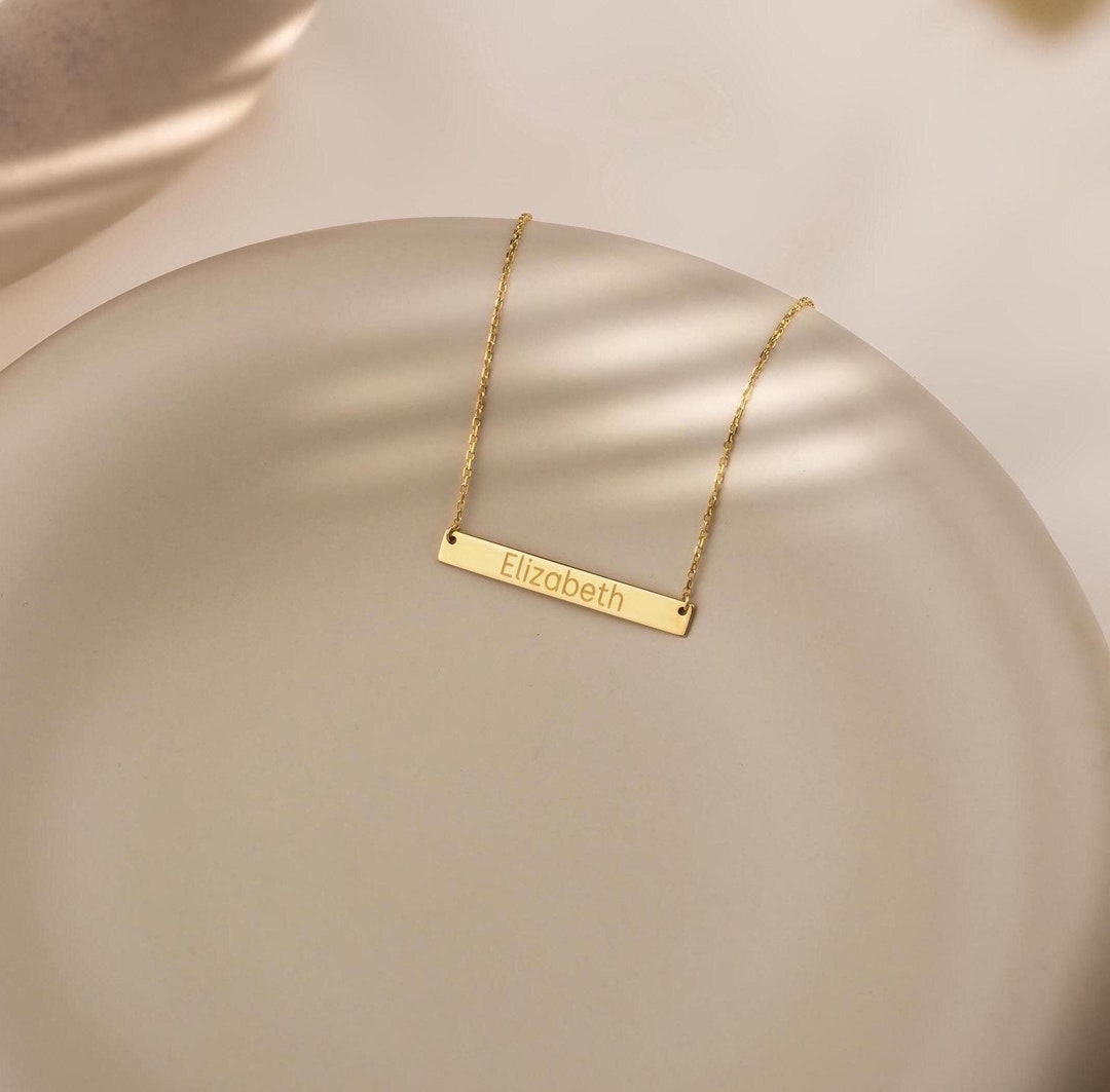 14K Solid Gold Personalized Bar Necklace, Nameplate Necklace Gold, Bar ...