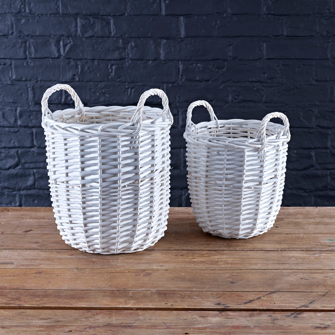 White Round Wicker Storage Baskets for Bathroom, Home Organiser, Willow ...